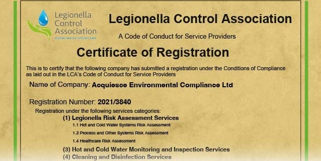 Legionella Control Association (LCA) Certification - Acquiesce Ltd