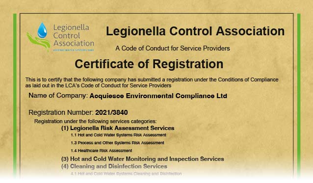Legionella Control Association (LCA) Certification - Acquiesce Ltd